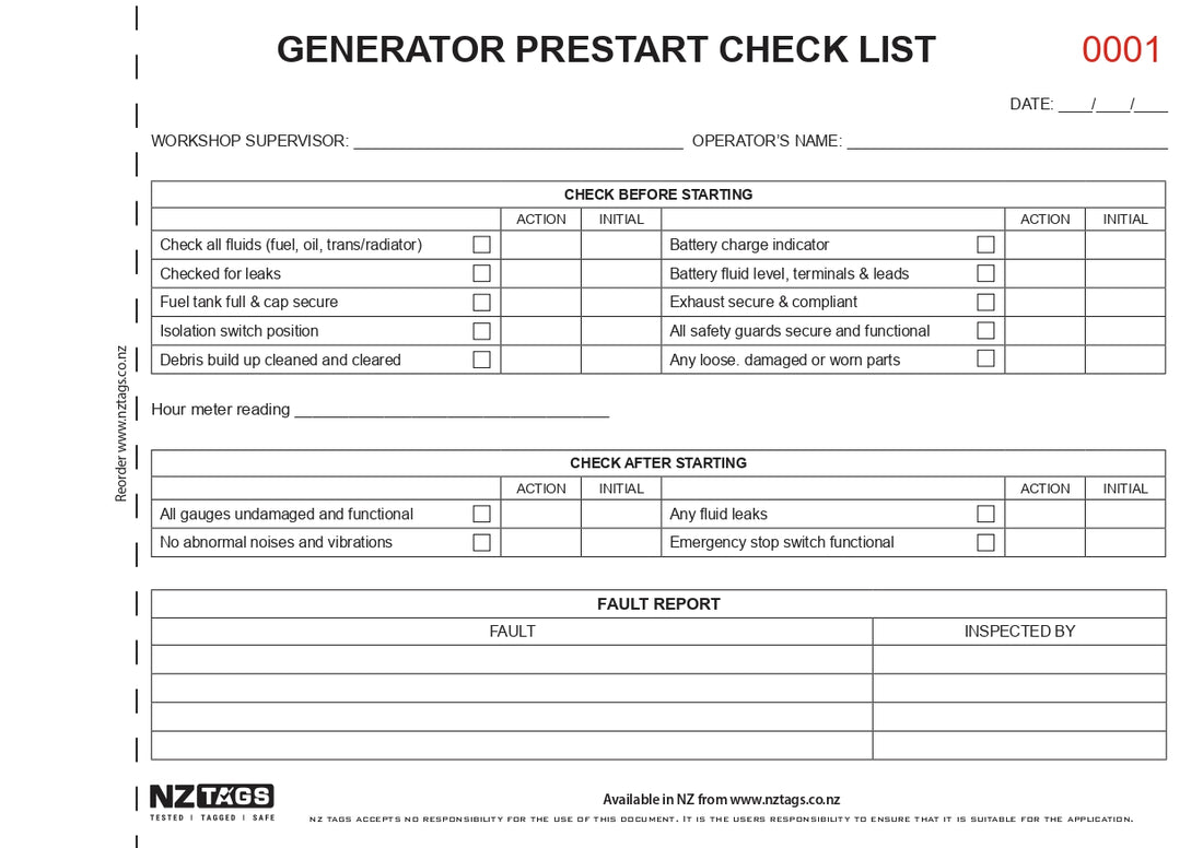 Generator / Welder Prestart Checklist Books – NZ Tags