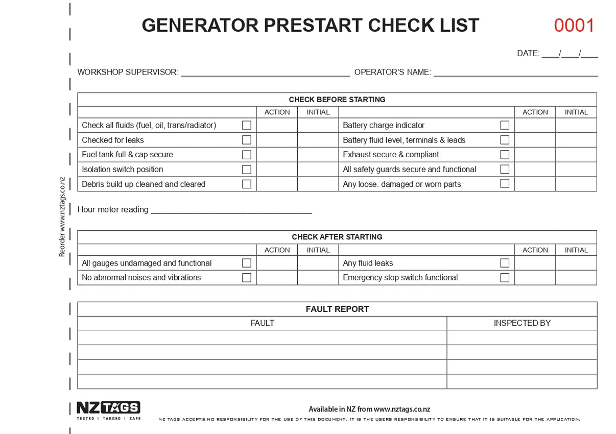 Generator / Welder Prestart Checklist Books – NZ Tags