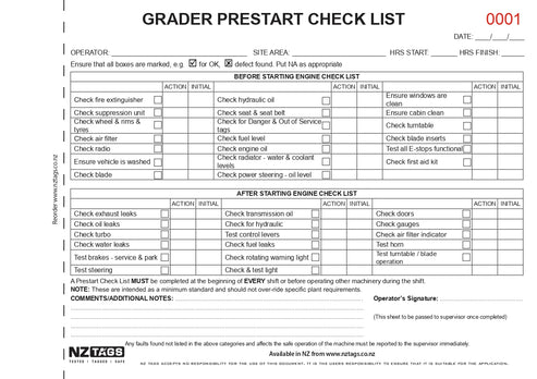 Grader Prestart Checklist Book DB11 – NZ Tags