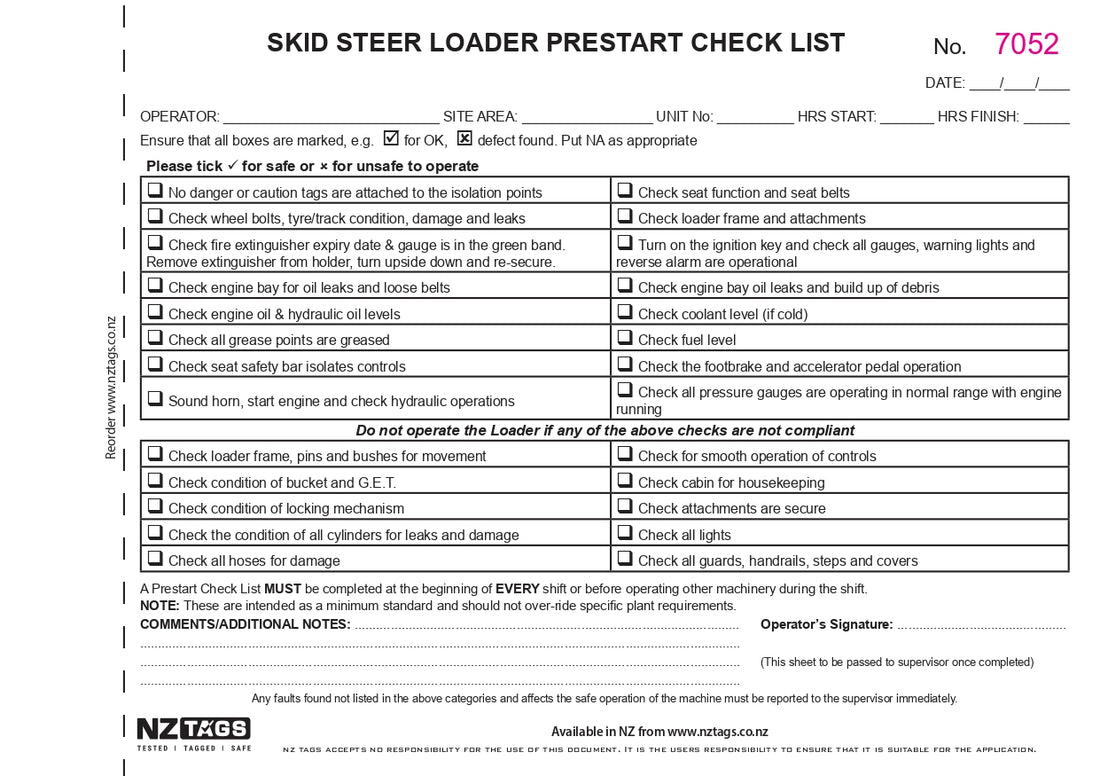 Skid Steer Prestart Checklist Book DB10 – NZ Tags