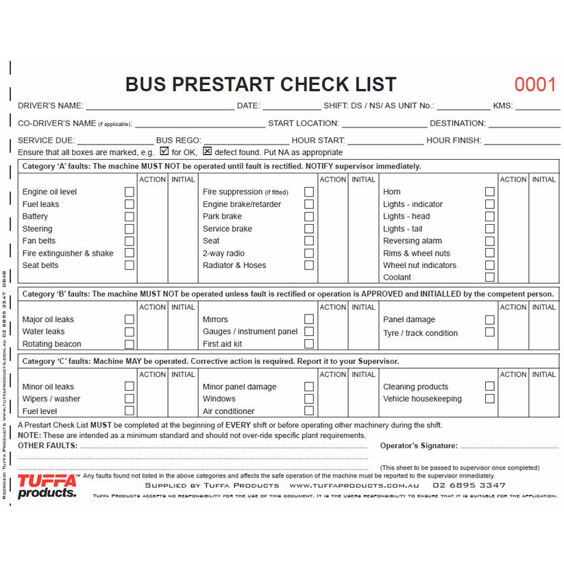 Bus Prestart Checklist Books – NZ Tags