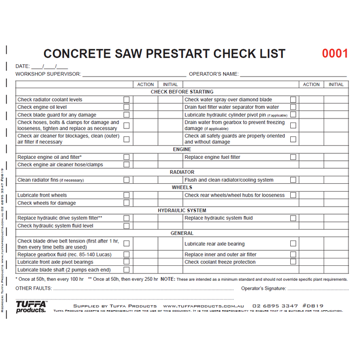 Concrete Saw Prestart Checklist Book DB19 – NZ Tags