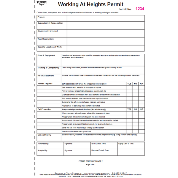 Working At Heights Permit Books – NZ Tags